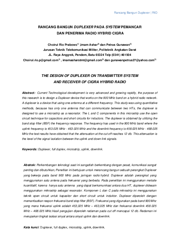 Rancang Bangun Duplexer Pada System Pemancar Dan Penerima Radio Hybrid Cigra