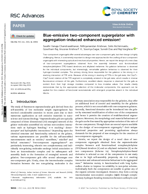 Blue-emissive two-component supergelator with aggregation-induced ...