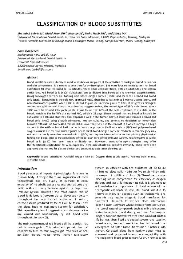(PDF) Classification of Blood Substitutes
