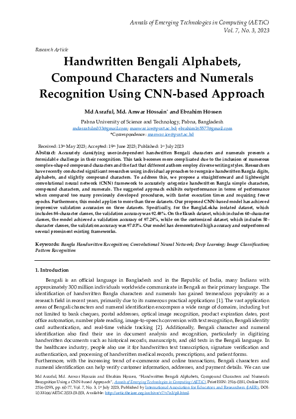 Handwritten Bengali Alphabets, Compound Characters and Numerals Recognition Using CNN-based Approach