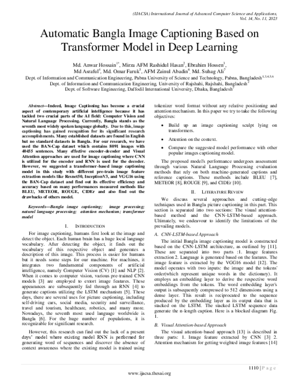 (PDF) Automatic Bangla Image Captioning Based on Transformer Model in Deep Learning