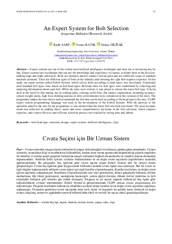 (PDF) An Expert System for Bolt Selection