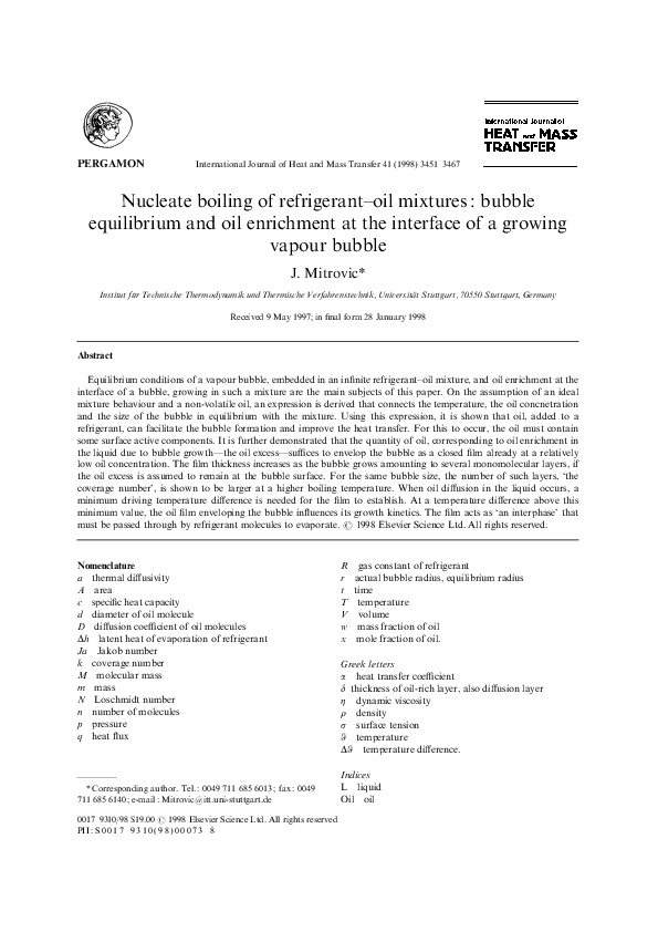(PDF) Nucleate boiling of refrigerant–oil mixtures : bubble equilibrium and oil enrichment at ...