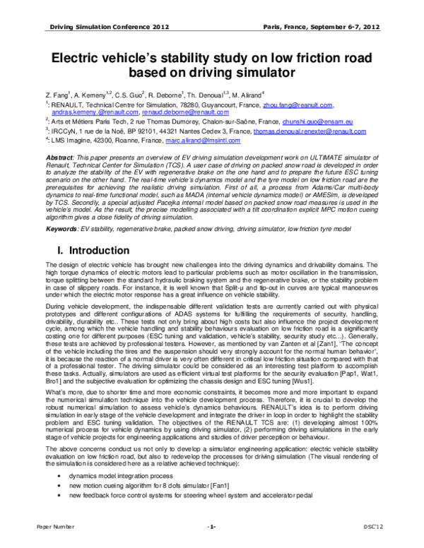(PDF) Electric vehicle's stability study on low friction road based on driving simulator
