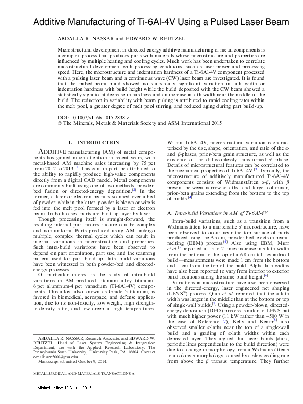 (PDF) Additive Manufacturing of Ti-6Al-4V Using a Pulsed Laser Beam