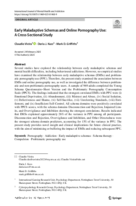 (PDF) Early Maladaptive Schemas and Online Pornography Use: A Cross-Sectional Study