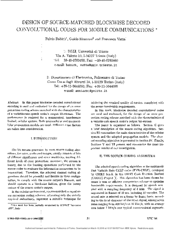 (PDF) Design of source-matched blockwise decoded convolutional codes for mobile communications