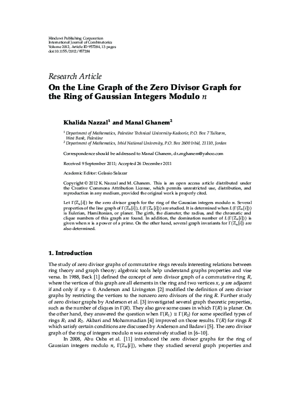 (PDF) On the Line Graph of the Zero Divisor Graph for the Ring of Gaussian Integers Modulo n
