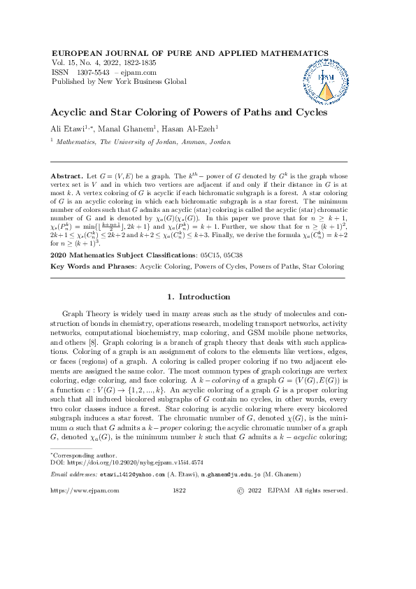 (PDF) Acyclic and Star Coloring of Powers of Paths and Cycles