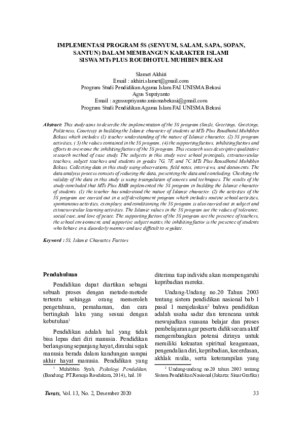 (PDF) IMPLEMENTASI PROGRAM 5S (SENYUM, SALAM, SAPA, SOPAN, SANTUN) DALAM MEMBANGUN KARAKTER ...