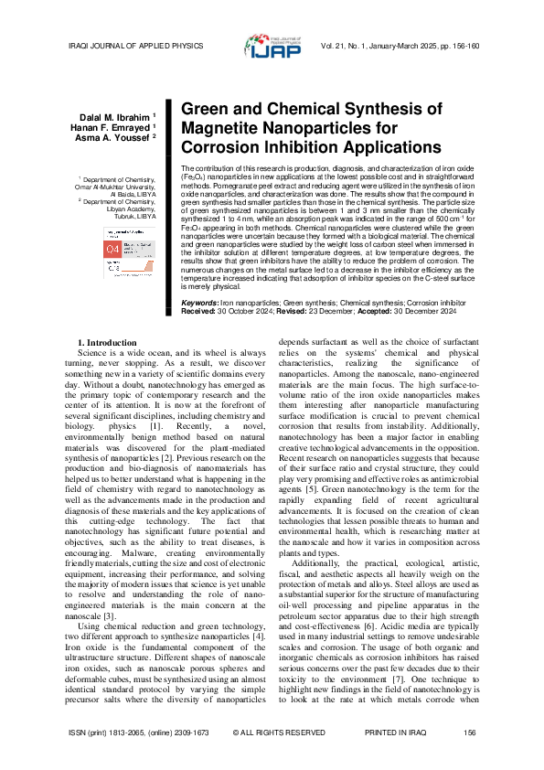 (PDF) Green and Chemical Synthesis of Magnetite Nanoparticles for Corrosion Inhibition Applications