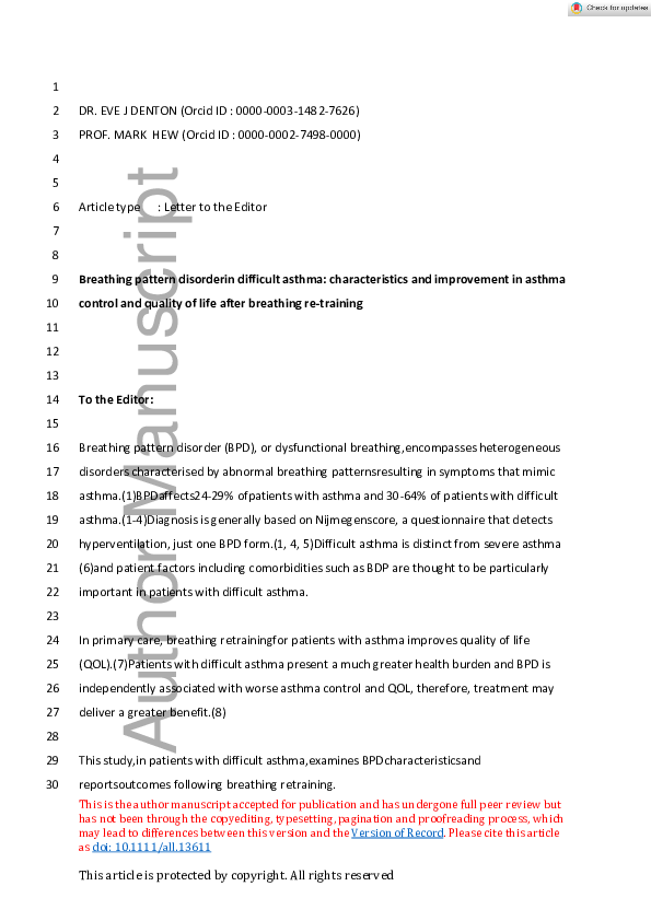 Breathing pattern disorder in difficult asthma: Characteristics and ...
