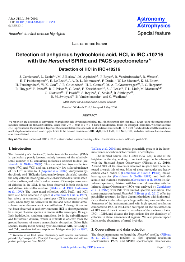 Detection of anhydrous hydrochloric acid, HCl, in IRC +10216 with the ...