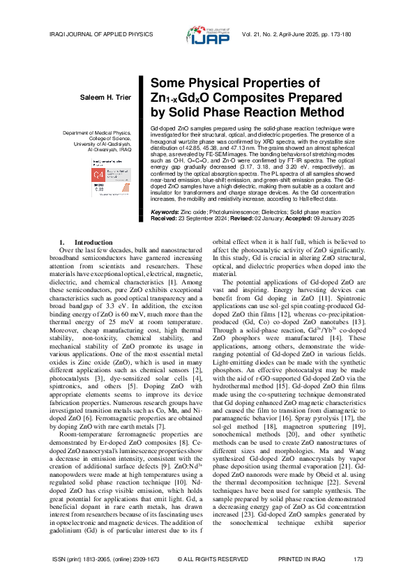 (PDF) Some Physical Properties of Zn1-xGdxO Composites Prepared by ...