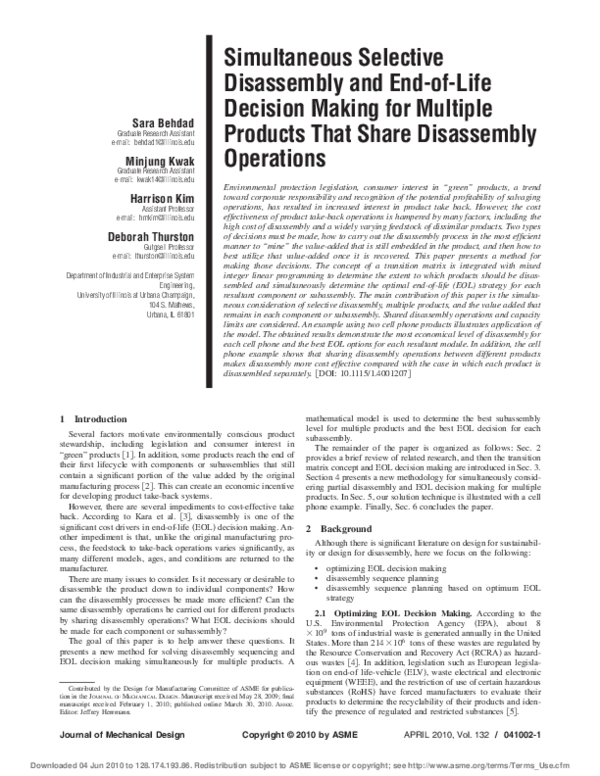 (PDF) Simultaneous Selective Disassembly and End-of-Life Decision Making for Multiple Products ...