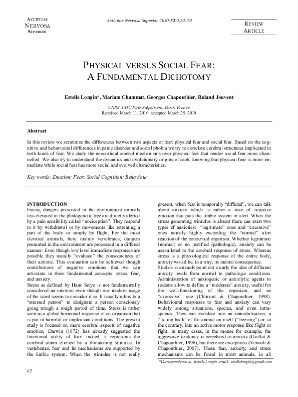 (PDF) Physical versus Social Fear: A Fundamental Dichotomy