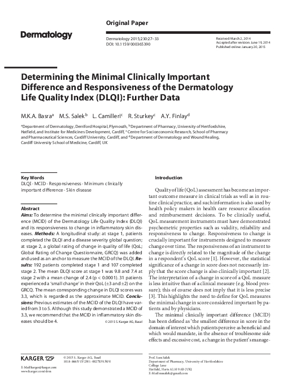 Determining the Minimal Clinically Important Difference and Responsiveness of the Dermatology ...