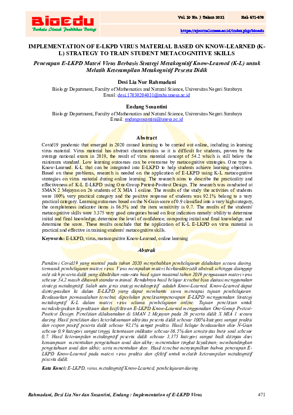 (PDF) Implementation of E-LKPD Virus Material based on Know-Learned (K-L) Strategy to Train ...