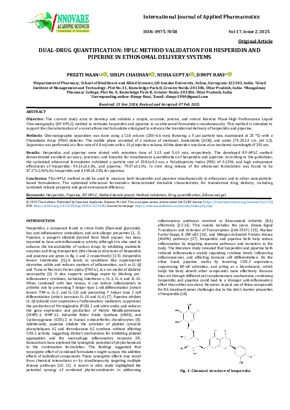 (PDF) DUAL-DRUG QUANTIFICATION: HPLC METHOD VALIDATION FOR HESPERIDIN AND PIPERINE IN ETHOSOMAL ...