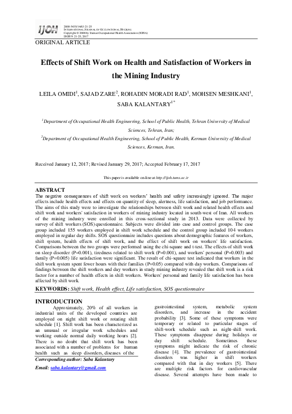 (PDF) Effects of Shift Work on Health and Satisfaction of Workers in ...