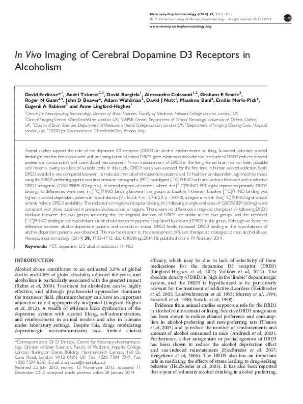 (PDF) In Vivo Imaging of Cerebral Dopamine D3 Receptors in Alcoholism