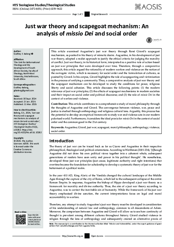 (PDF) Just war theory and the scapegoat mechanism: An analysis of ...