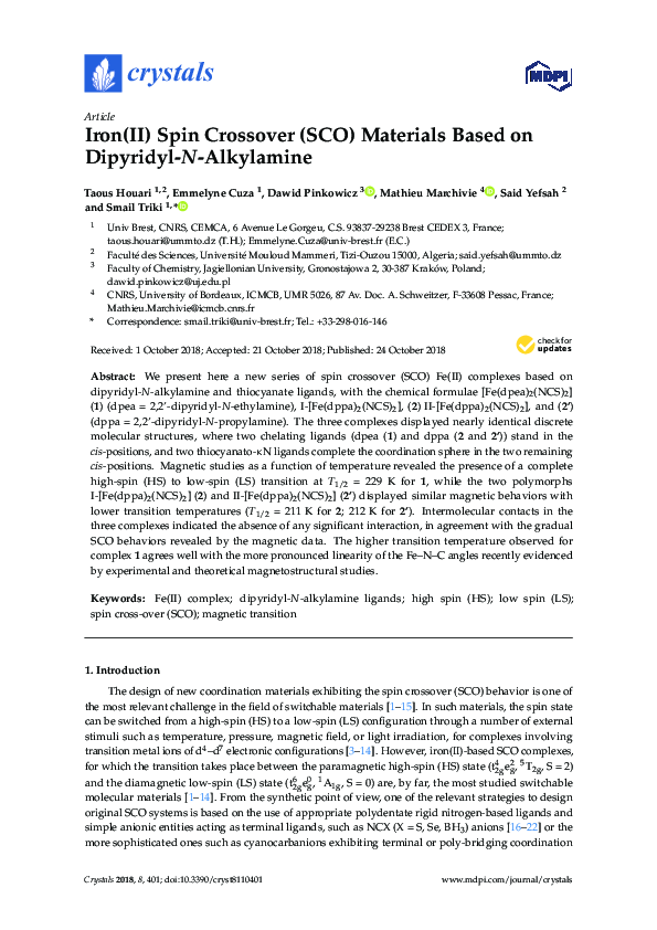(PDF) Iron(II) Spin Crossover (SCO) Materials Based on Dipyridyl-N ...