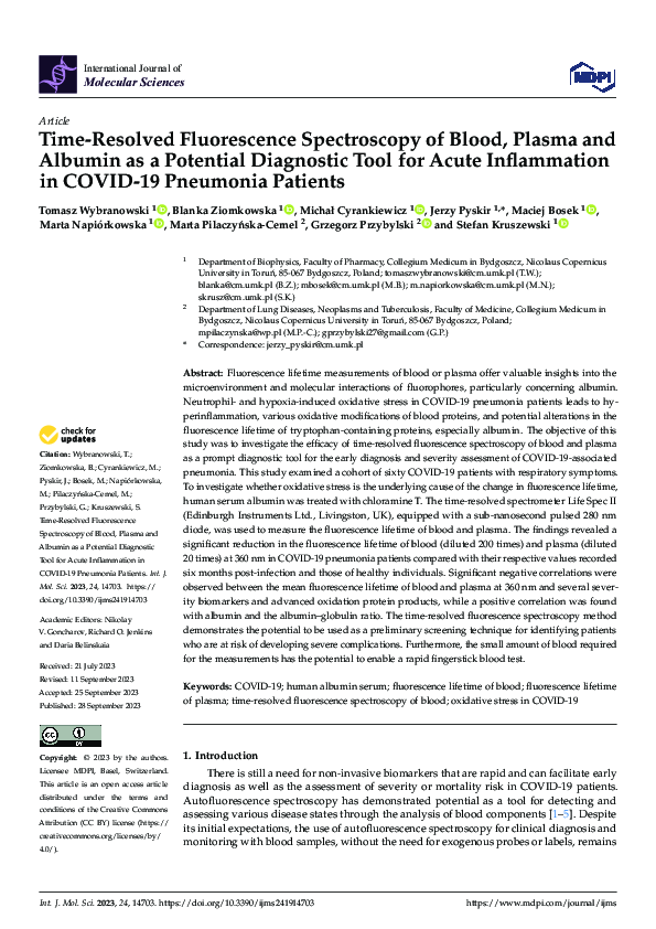 Time-Resolved Fluorescence Spectroscopy of Blood, Plasma and Albumin as ...