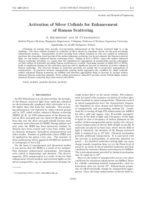 (PDF) Activation of Silver Colloids for Enhancement of Raman Scattering