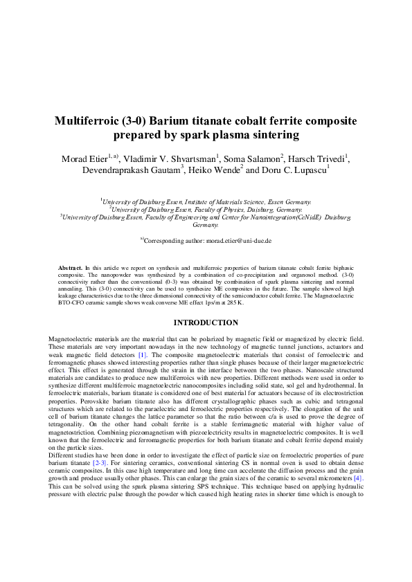 (PDF) Multiferroic ( 3-0 ) Barium titanate cobalt ferrite composite prepared by spark plasma ...