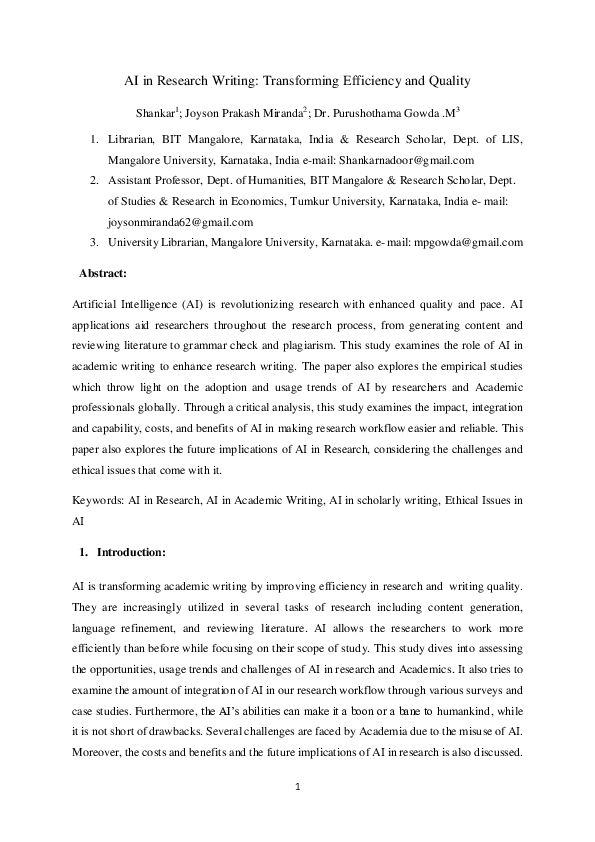 (PDF) AI in Research Writing: Transforming Efficiency and Quality