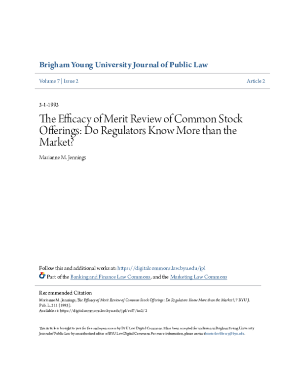 (PDF) The Efficacy of Merit Review of Common Stock Offerings: Do ...