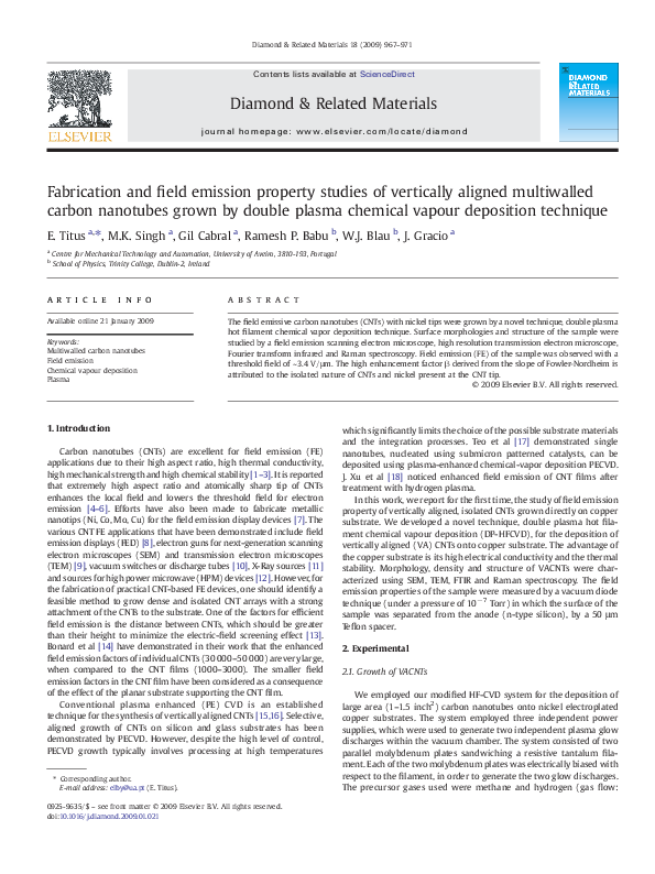 (PDF) Fabrication and field emission property studies of vertically aligned multiwalled carbon ...