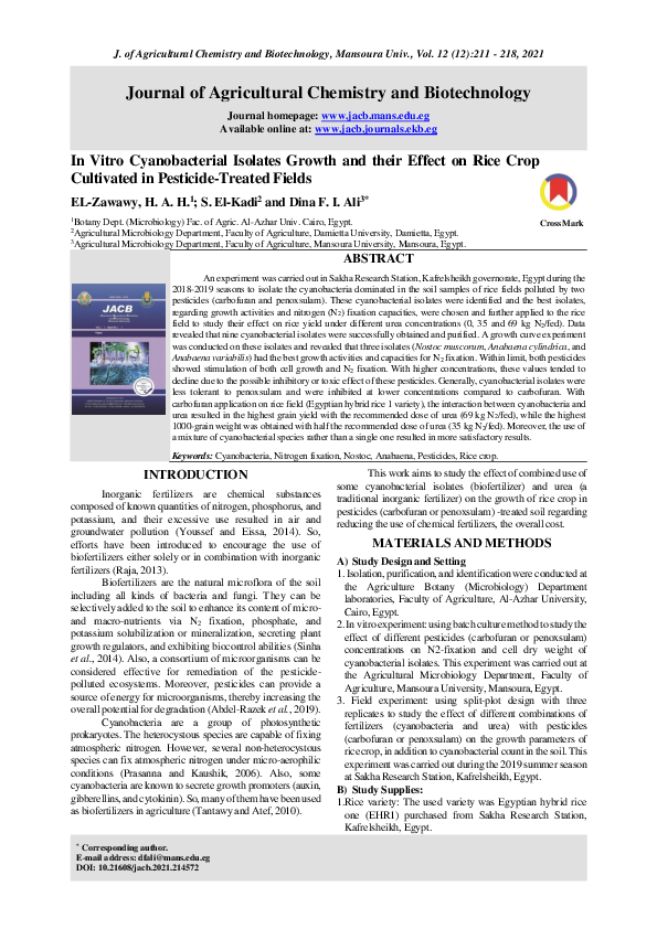 Pdf In Vitro Cyanobacterial Isolates Growth And Their Effect On Rice Crop Cultivated In