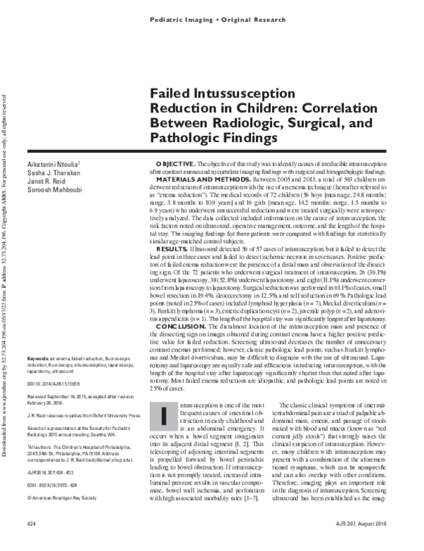 (PDF) Failed Intussusception Reduction in Children: Correlation Between ...