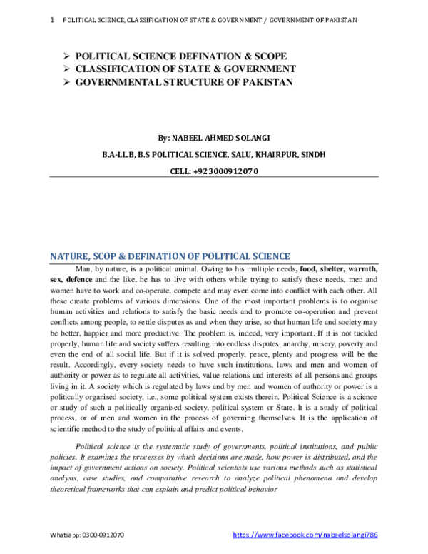 (PDF) POLITICAL SCIENCE DEFINATION & SCOPE CLASSIFICATION OF STATE ...