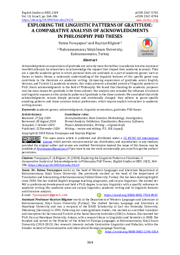 (PDF) EXPLORING THE LINGUISTIC PATTERNS OF GRATITUDE: A COMPARATIVE ANALYSIS OF ACKNOWLEDGMENTS ...