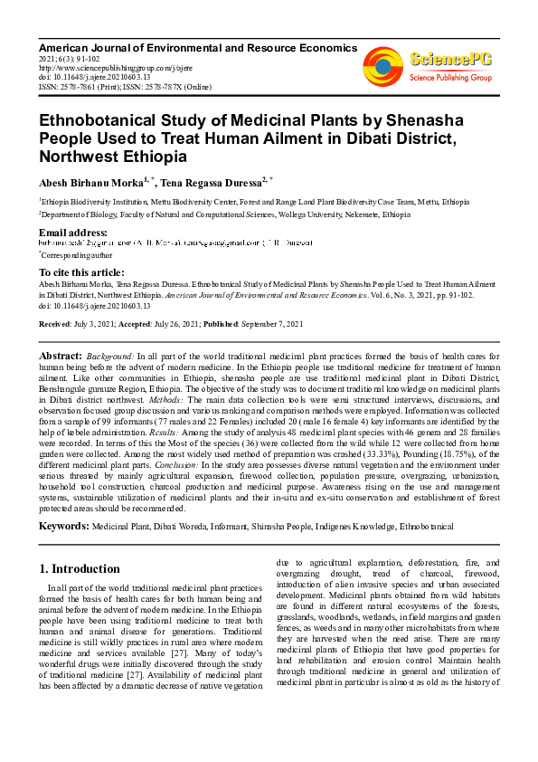 (PDF) Ethnobotanical Study of Medicinal Plants by Shenasha People Used to Treat Human Ailment in ...