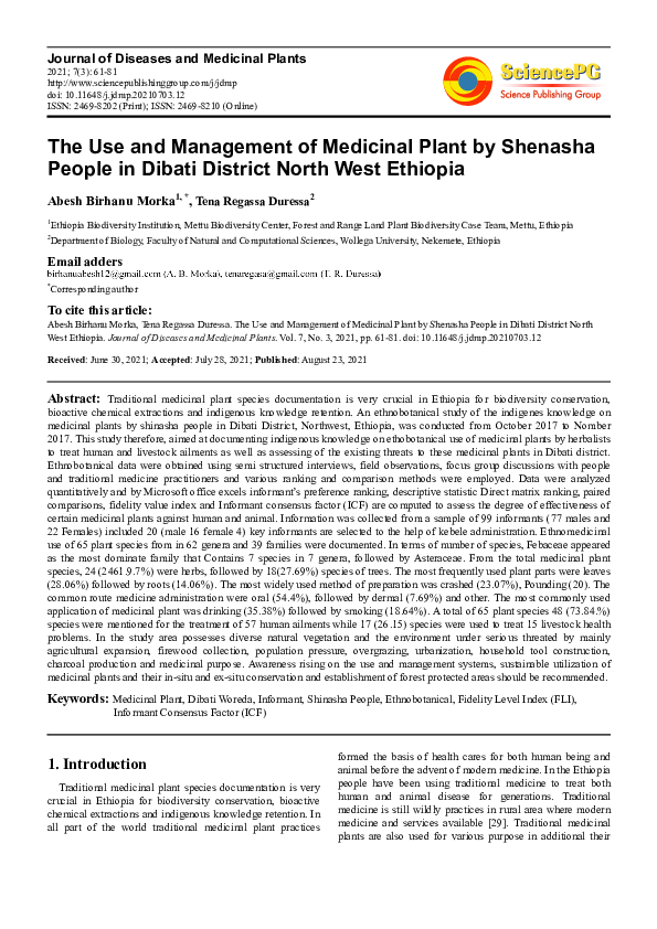 (PDF) The Use and Management of Medicinal Plant by Shenasha People in ...