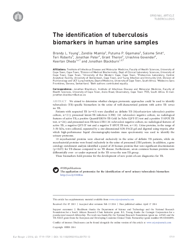 (PDF) The identification of tuberculosis biomarkers in human urine samples