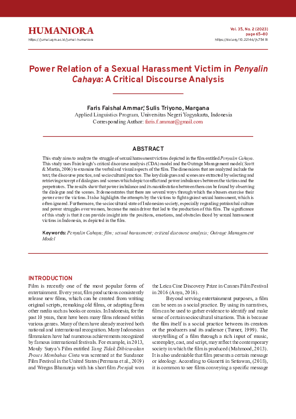 Pdf Power Relation Of A Sexual Harassment Victim In Penyalin Cahaya A Critical Discourse Analysis