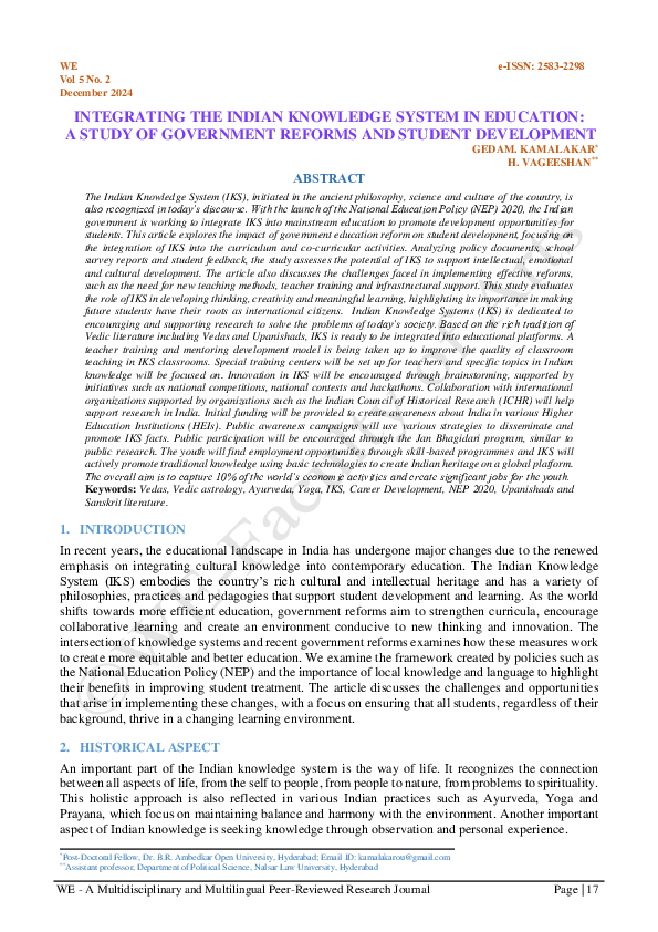 (PDF) INTEGRATING THE INDIAN KNOWLEDGE SYSTEM IN EDUCATION: A STUDY OF GOVERNMENT REFORMS AND ...