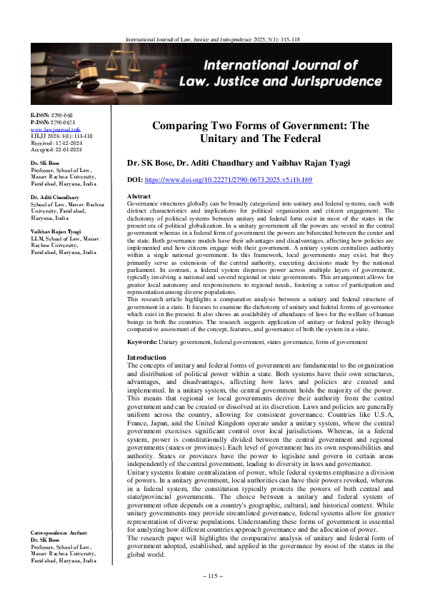 (PDF) Comparing Two Forms of Government: The Unitary and The Federal