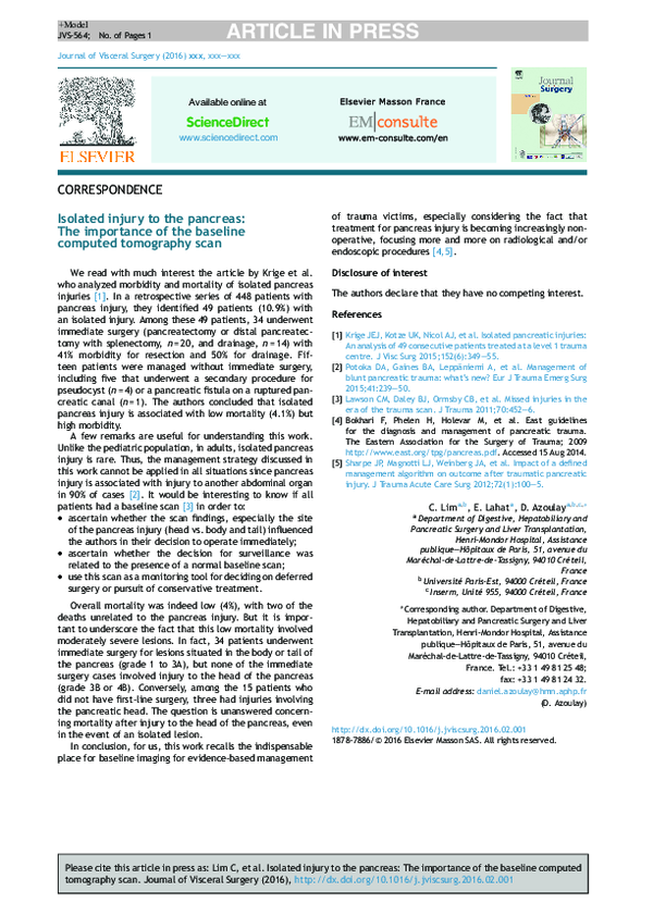 (PDF) Isolated injury to the pancreas: The importance of the baseline ...