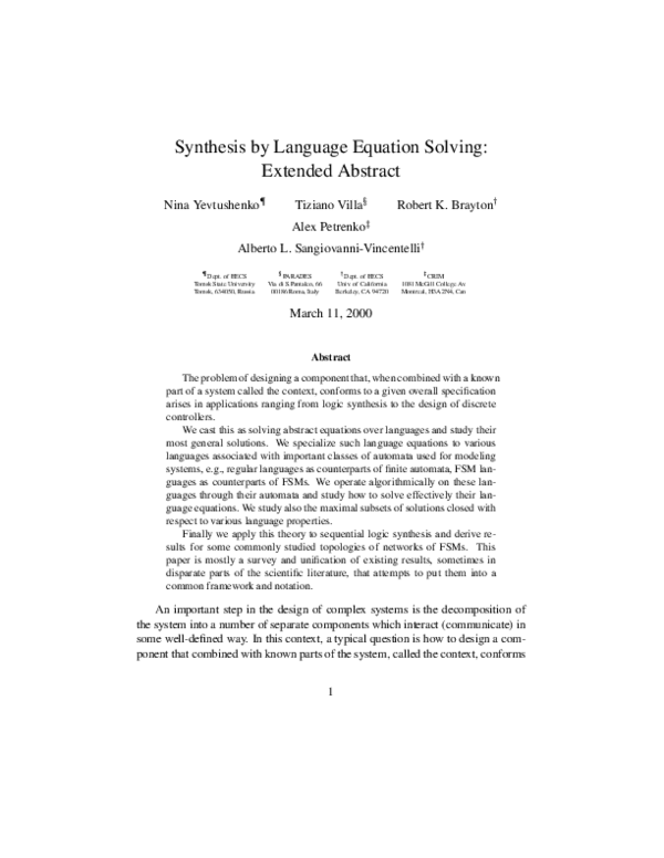 (PDF) Synthesis by Language Equation Solving
