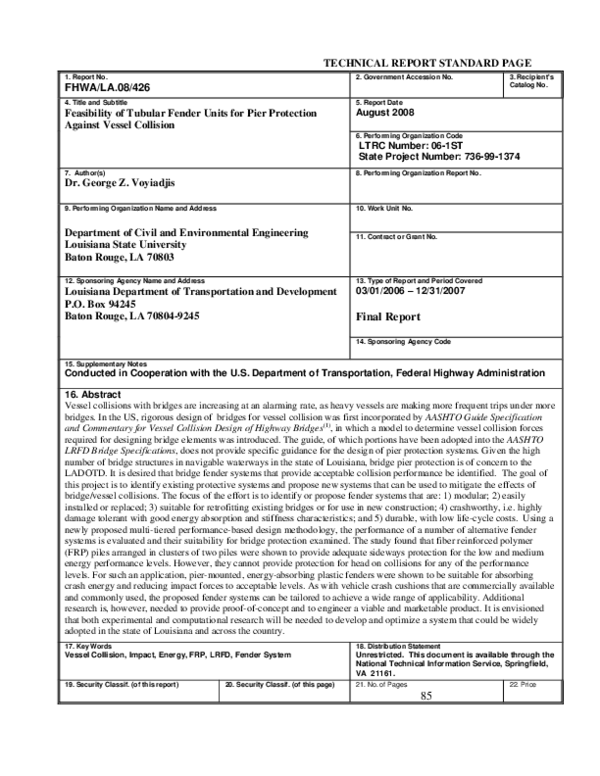 (PDF) Feasibility of Tubular Fender Units for Pier Protection Against ...