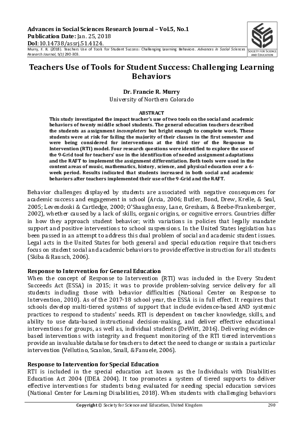 (PDF) Teachers Use of Tools for Student Success: Challenging Learning ...