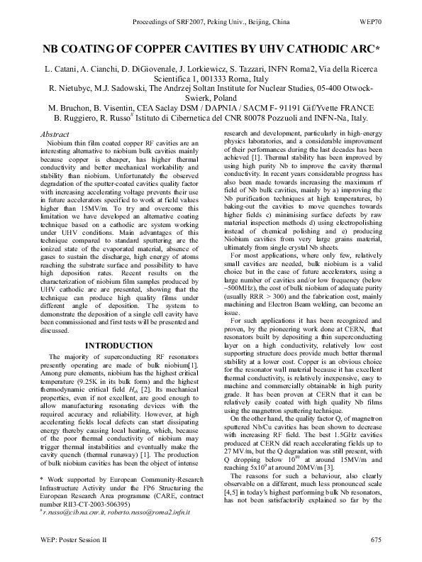 (PDF) NB Coating of Copper Cavities by Uhv Cathodic Arc