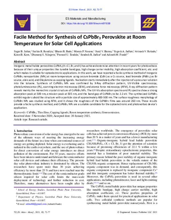 (PDF) Facile Method for Synthesis of CsPbBr3 Perovskite at Room Temperature for Solar Cell ...