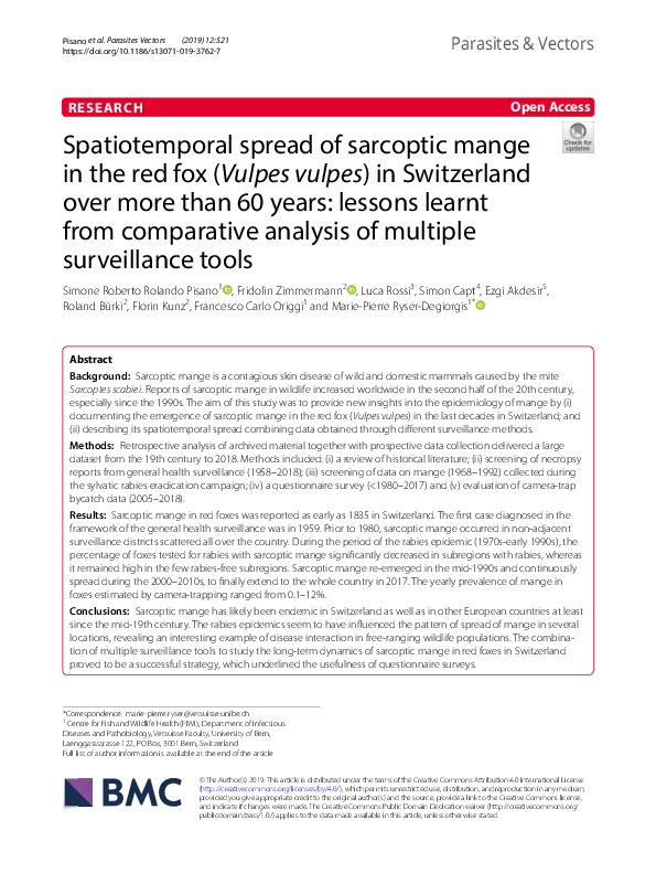 (PDF) Spatiotemporal spread of sarcoptic mange in the red fox (Vulpes vulpes) in Switzerland ...